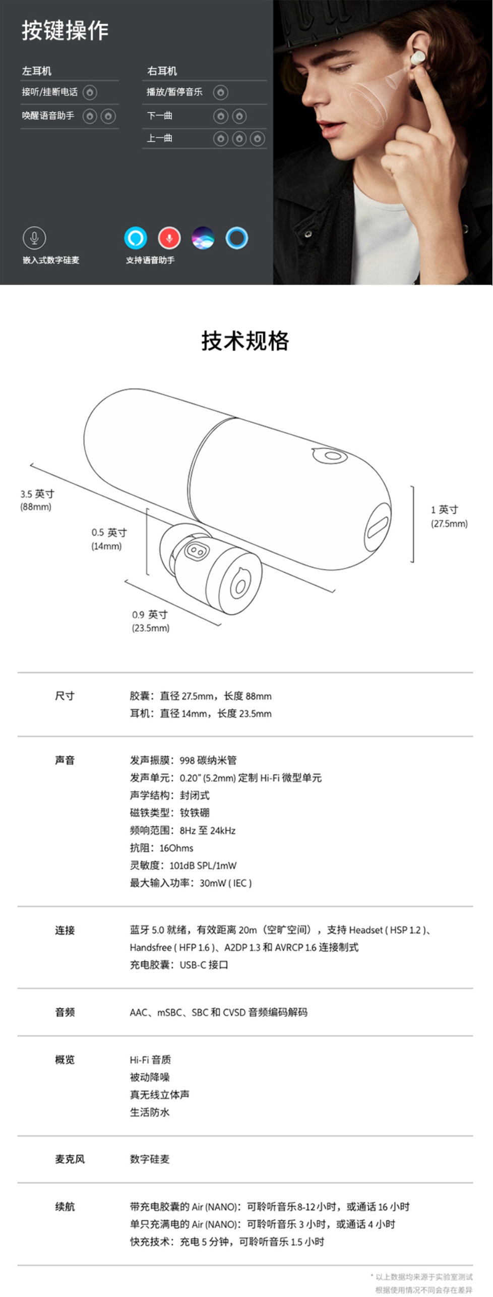 Air by crazybaby （NANO）疯童多彩系列 真无线蓝牙运动耳机（白色）
